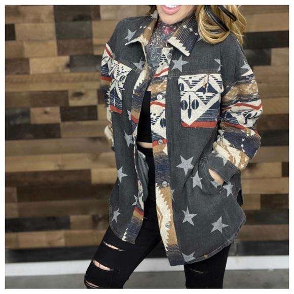 Jackets & Coats | Aztec Faded Stars Black Denim Oversized Jacket Sz M ...